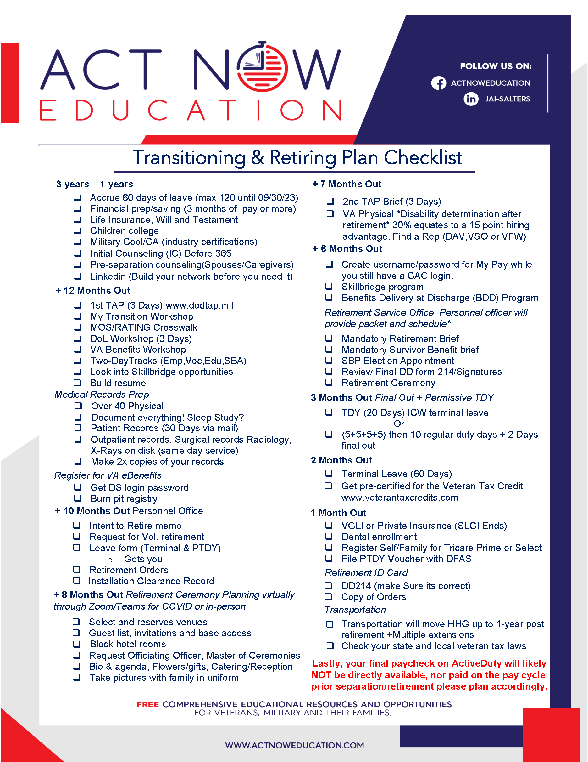 Transition And Retiring Plan Checklist Partner ActNowEducation VTC Transition And Retiring Plan Checklist Partner ActNowEducation VTC
